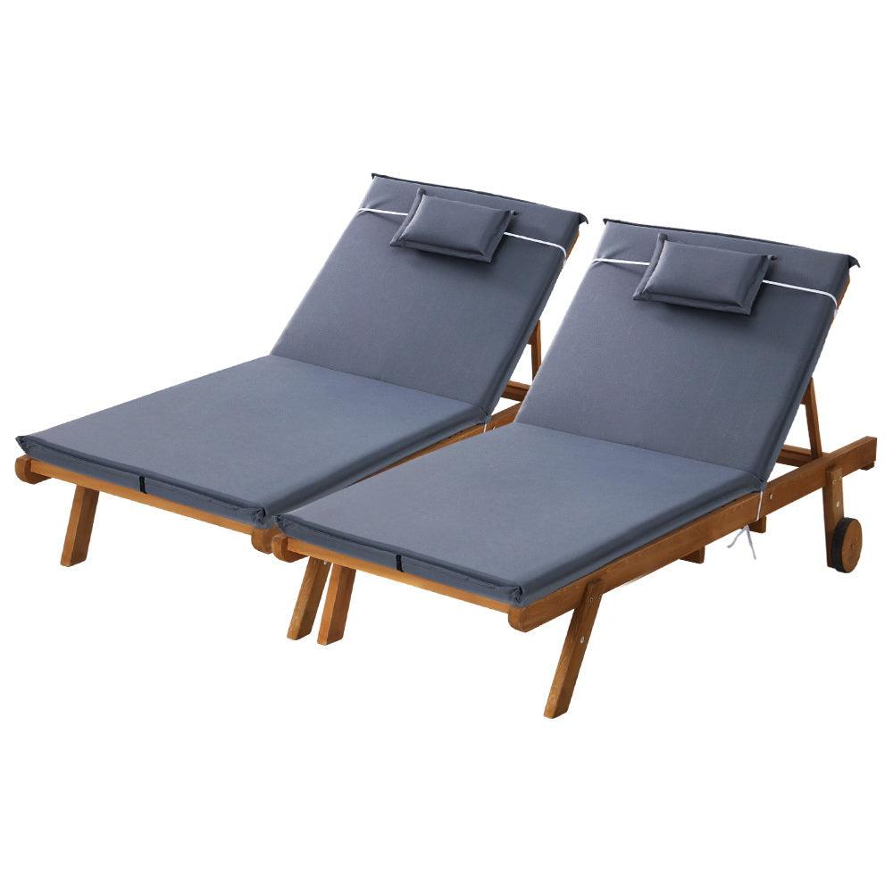 Gardeon 2x Sun Lounge Wooden Lounger Outdoor Furniture Day Bed Wheel P